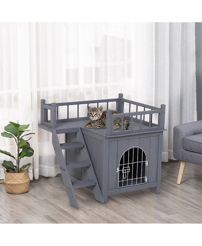 PawHut 2-Story Indoor/Outdoor Wood Cat Dog House Shelter - Macy's