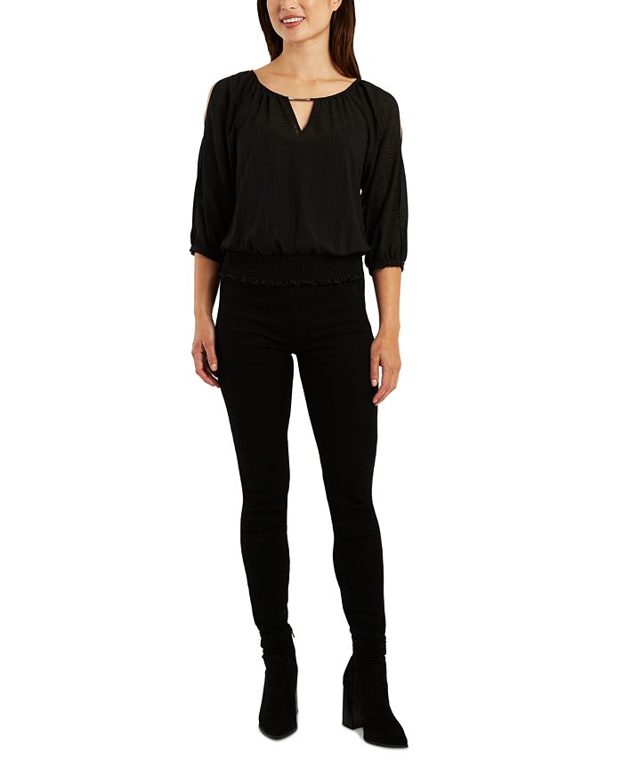 BCX Juniors' Hardware-Trimmed Keyhole Split-Shoulder Top - Macy's