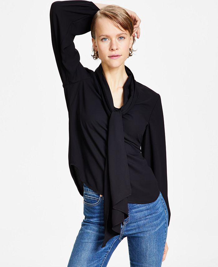 Bar III Women's Tie Neck Cinched Sleeve Blouse, Created for Macy's - Macy's