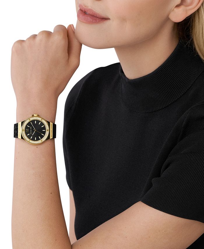 Michael Kors Women's Mini-Lennox Three-Hand Black Silicone Strap Watch ...