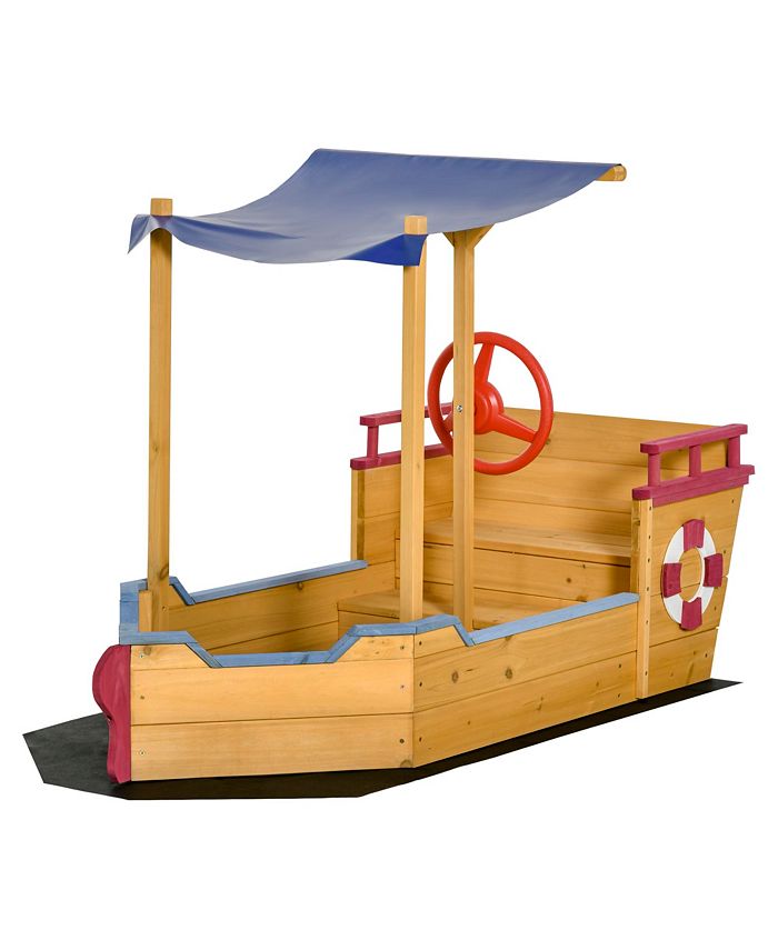 Outsunny Pirate Ship Sandbox with Cover and Rudder, Wooden with Storage ...