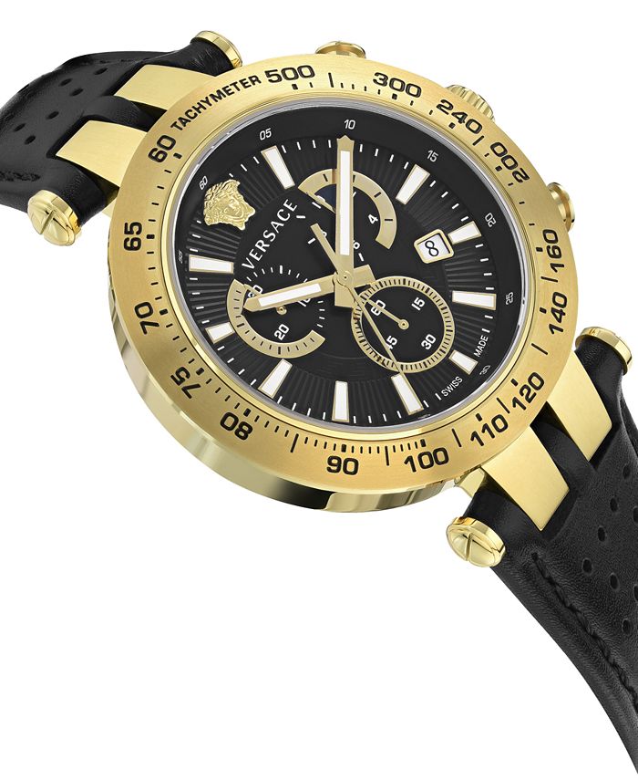 Versace Men's Swiss Chronograph Bold Black Perforated Leather Strap ...