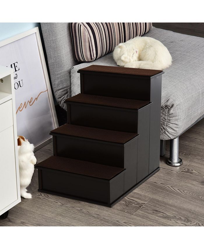PawHut 4-Step Wooden Pet Stairs, Small Animal Steps w/ Cushion 22 Lbs ...