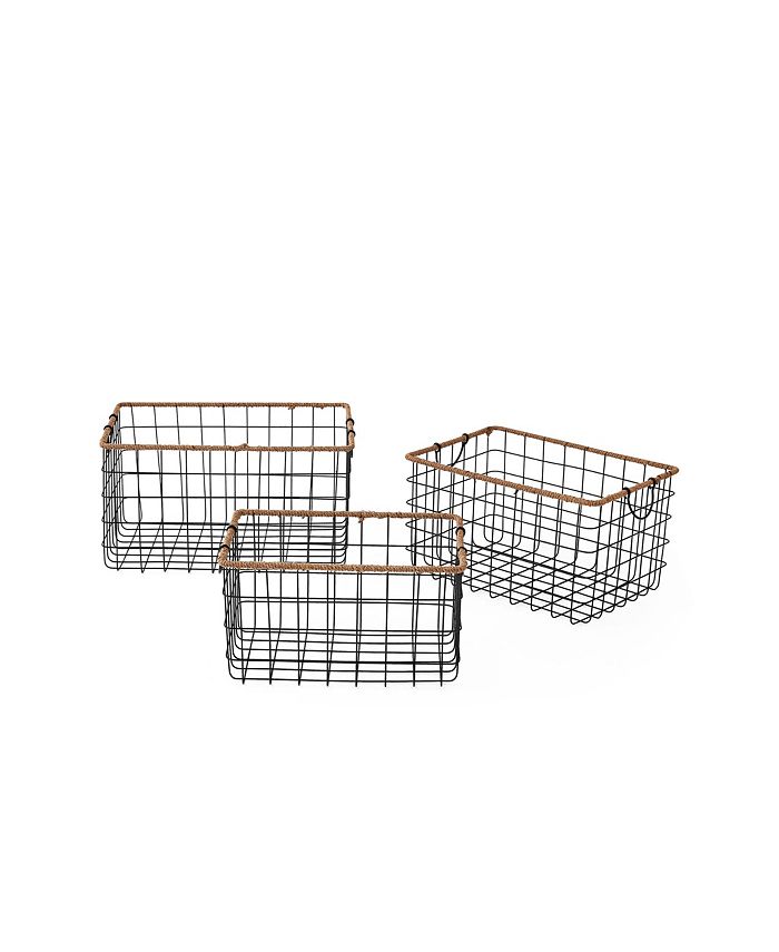 Baum Rectangular Grid Black Wire Baskets with Jute Rim and Fold Down ...