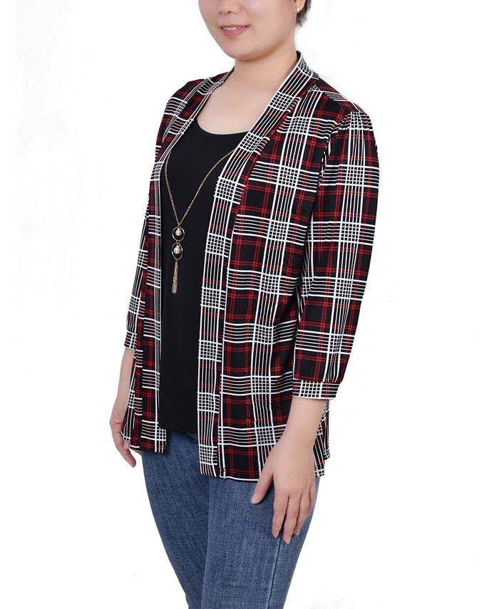 NY Collection Petite 3/4 Sleeve Two-Fer Top - Macy's