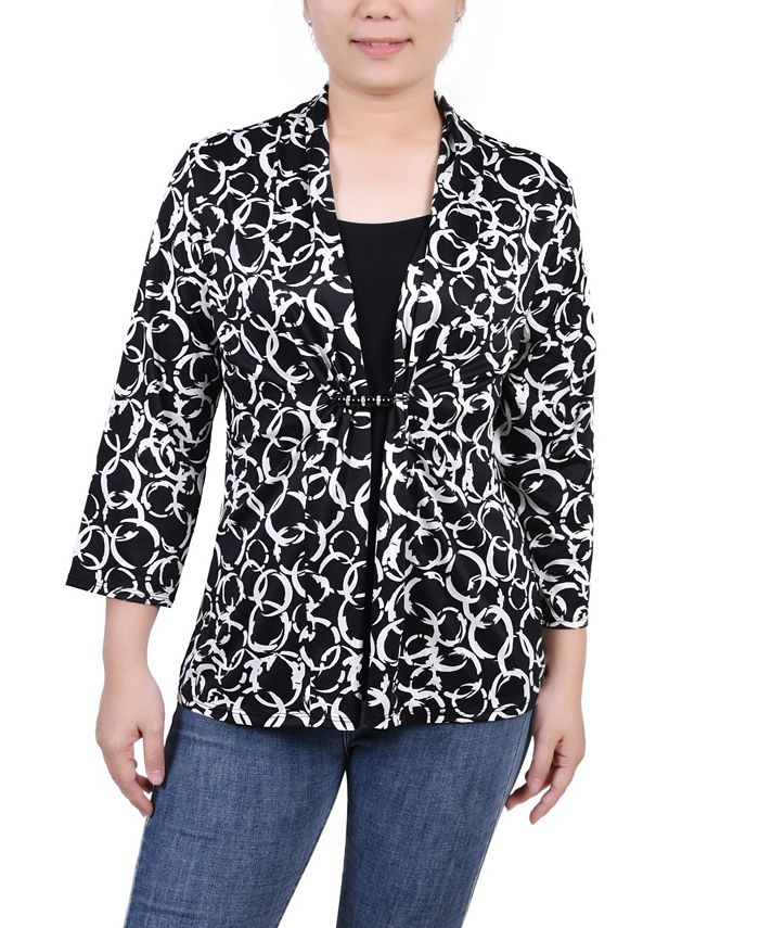 NY Collection Petite 3/4 Sleeve Two-Fer Top - Macy's