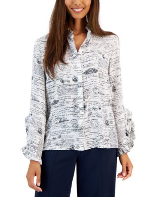 T Tahari Women's Printed Bell-Sleeve Button-Front Shirt - Macy's