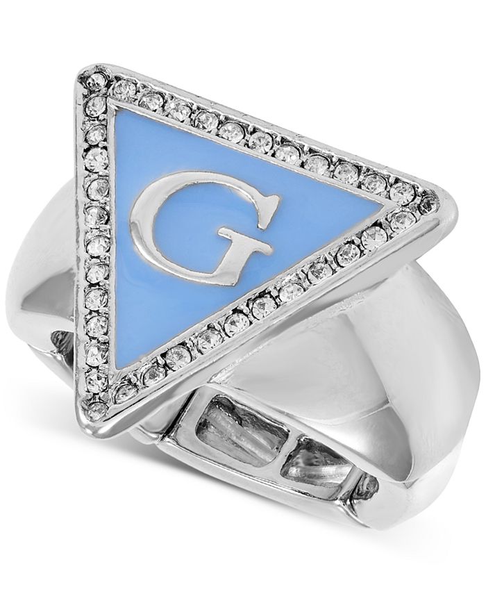 GUESS Silver-Tone Pavé Color Triangle Logo Stretch Ring - Macy's