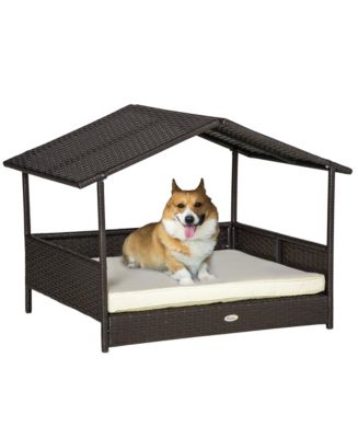 PawHut Elevated Wicker Dog House, Raised Rattan Pet Bed Cabana Canopy ...