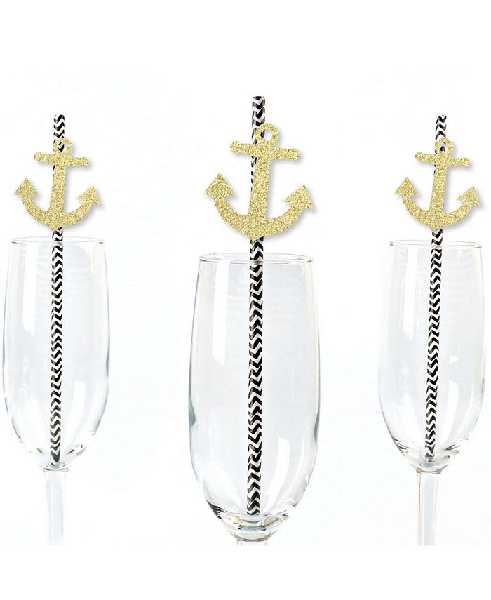Big Dot of Happiness Gold Glitter Anchor Straws - No-Mess Cut-Outs ...