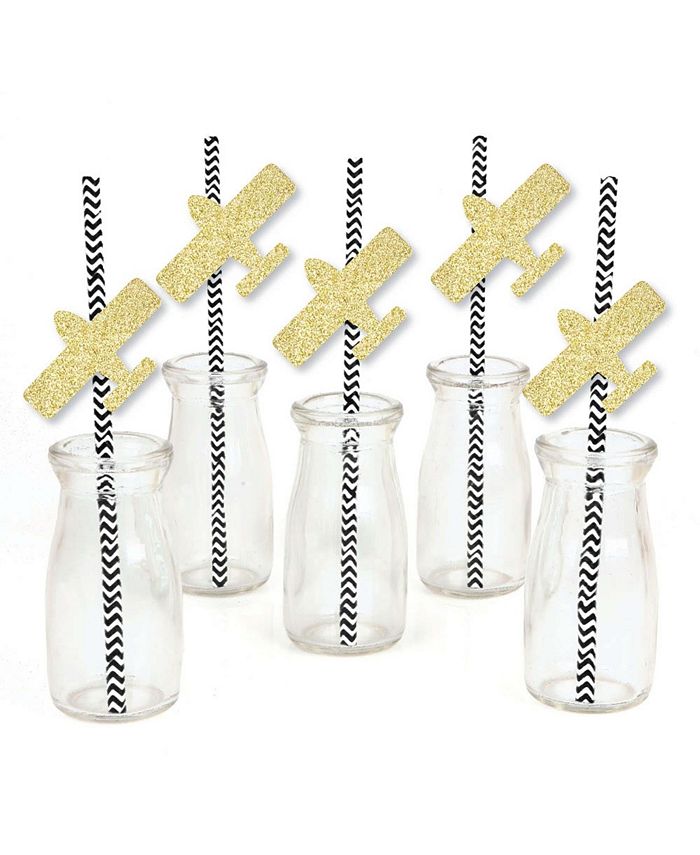 Big Dot of Happiness Gold Glitter Airplane Straws - No-Mess Cut-Outs ...