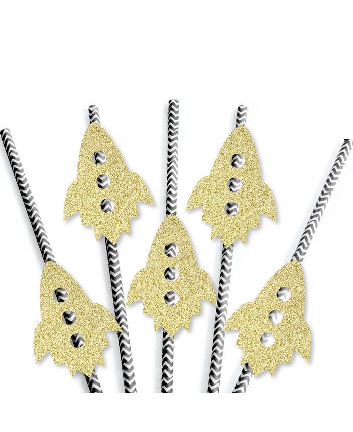 Big Dot of Happiness Gold Glitter Rocket Ship Straws No-Mess Cut-Outs ...