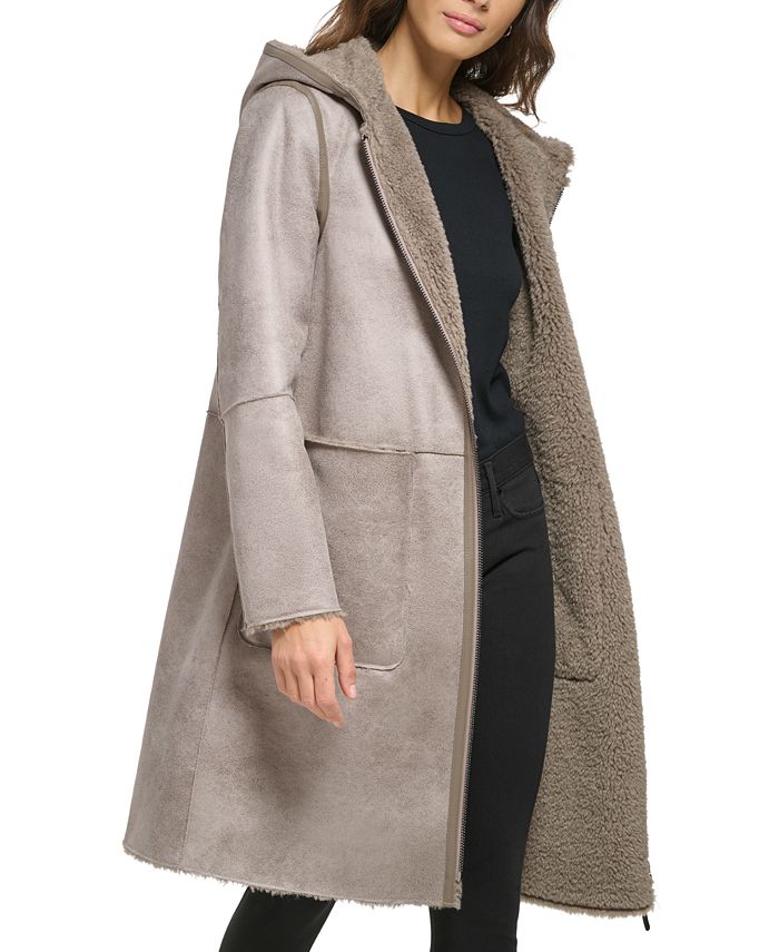 DKNY Women's Hooded Faux-Shearling Coat - Macy's
