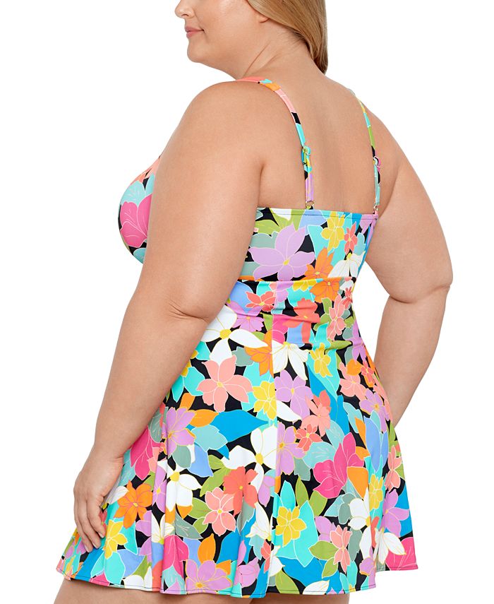 Swim Solutions Plus Size Tummy Control Bow Front Printed Swimdress