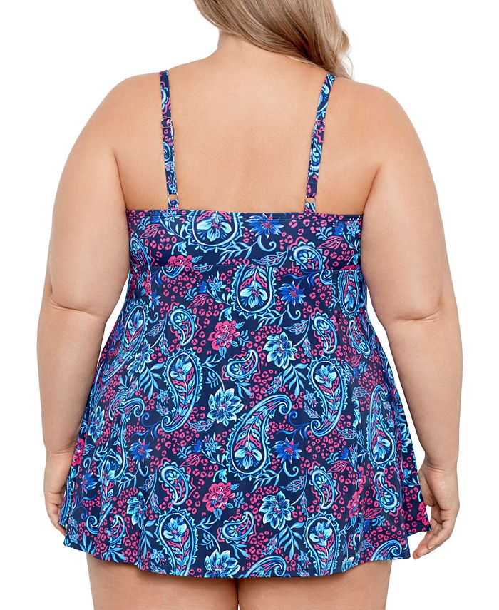 Swim Solutions Plus Size Tummy Control Printed Tie Waist Swim Dress