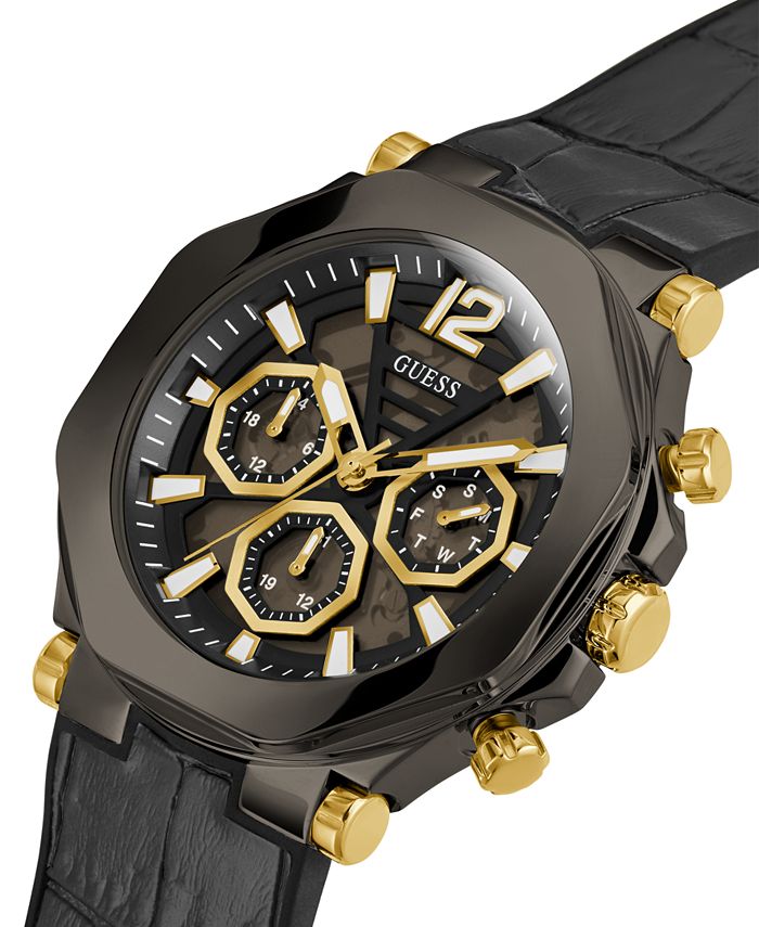 GUESS Men's Multi-Function Black and Gunmetal Genuine Leather and ...