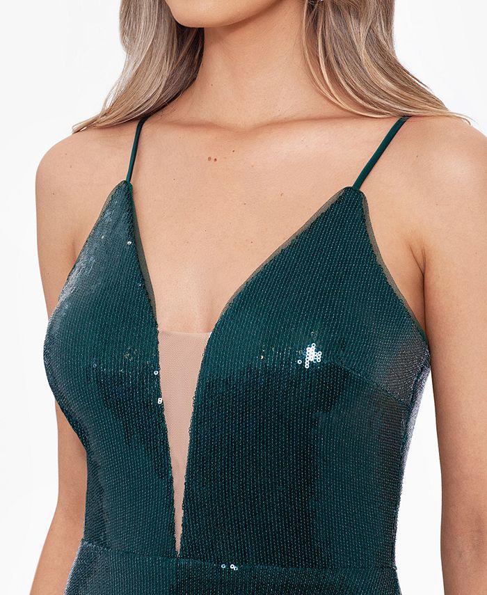 Betsy And Adam Womens Deep V Neck Spaghetti Strap Sequin Gown Macys
