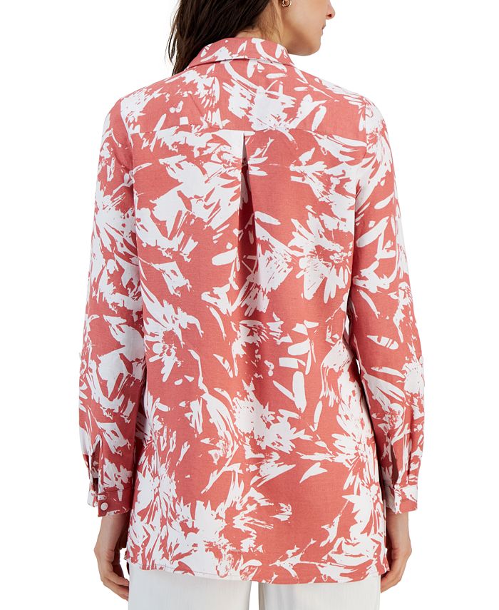 Alfani Women's Linen-Blend Printed Long Sleeve Buttoned Top, Created ...