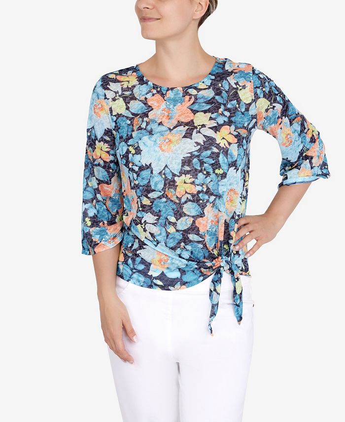 Ruby Rd. Petite Knit Watercolor Floral Print Top - Macy's