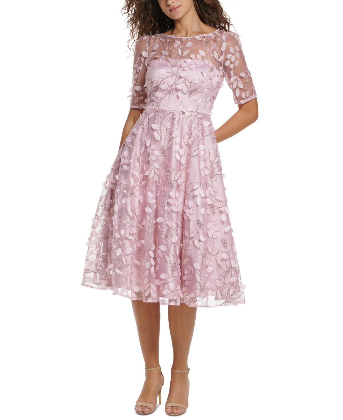 Eliza J 3d Flower Illusion Yoke Dress In Mauve | ModeSens