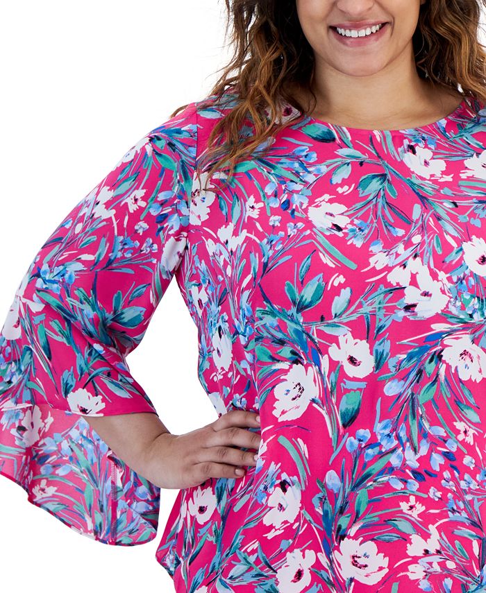 Kasper Plus Size Printed Ruffle-Sleeve Blouse - Macy's