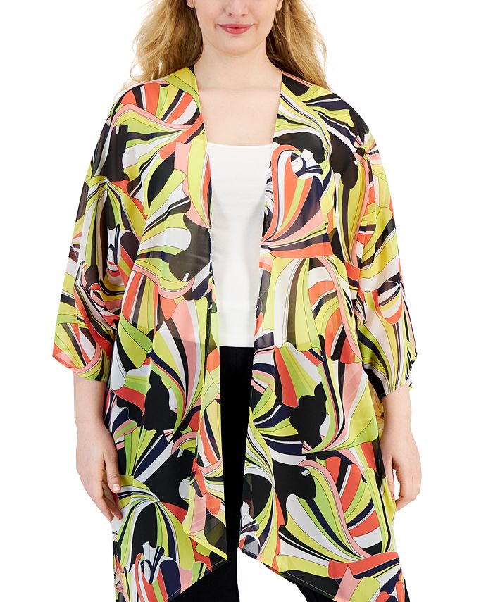 Anne Klein Plus Size Oversized Sheer Side-Slit Cardigan - Macy's