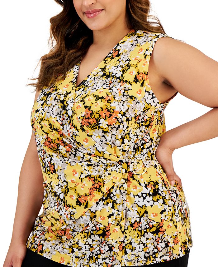Kasper Plus Size Floral Print Faux-Wrap Sleeveless Top & Reviews - Tops ...