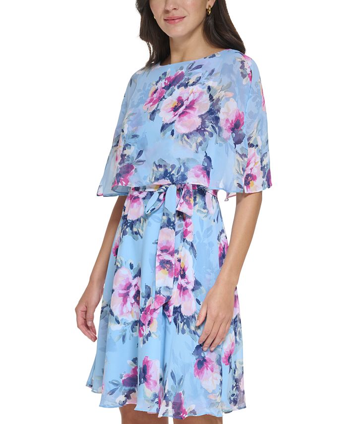 Jessica Howard Petite Floral-Print Tie-Waist Chiffon-Overlay Dress - Macy's