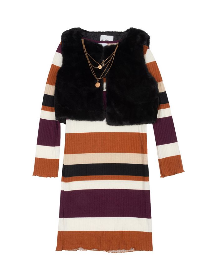 Rare Editions Big Girls Rib Knit Dress with Faux Fur Vest, 2 Piece Set ...
