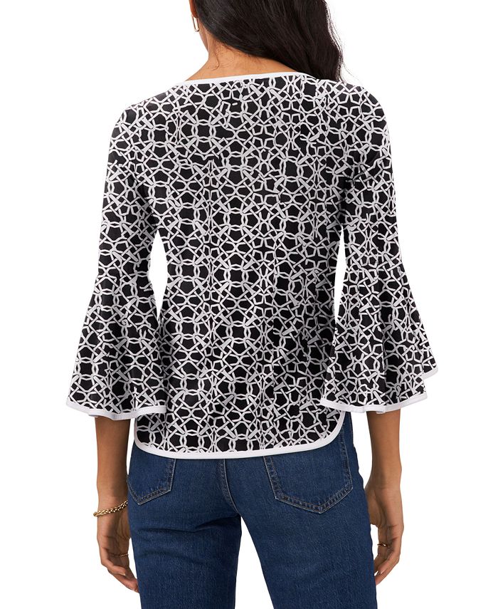 Sam & Jess Petite Floral-Print Bell-Sleeve Piped Top - Macy's