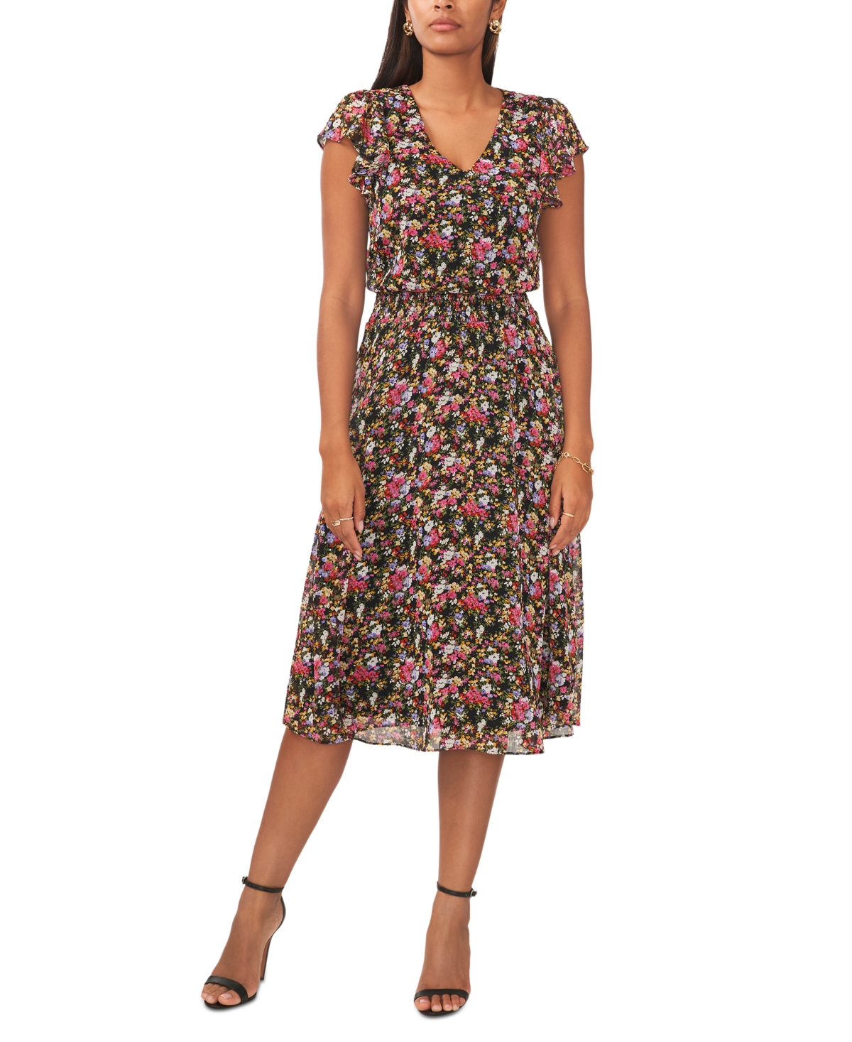 Msk Women's V-neck Flutter-sleeve Smocked-waist Fit & Flare Chiffon ...