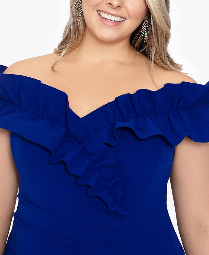 XSCAPE Plus Size Ruffled Off-The-Shoulder Ruched Gown & Reviews ...