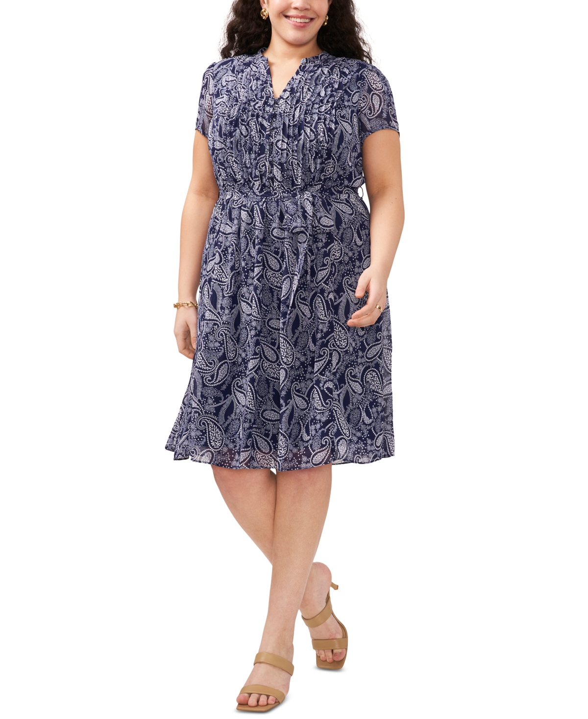 Msk Plus Size Paisley-print Fit & Flare Shirtdress In Navy/white | ModeSens