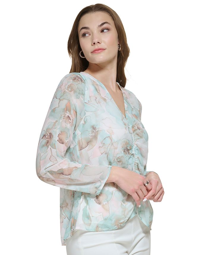 Calvin Klein Womens Long Sleeve Printed V Neck Blouse Macys