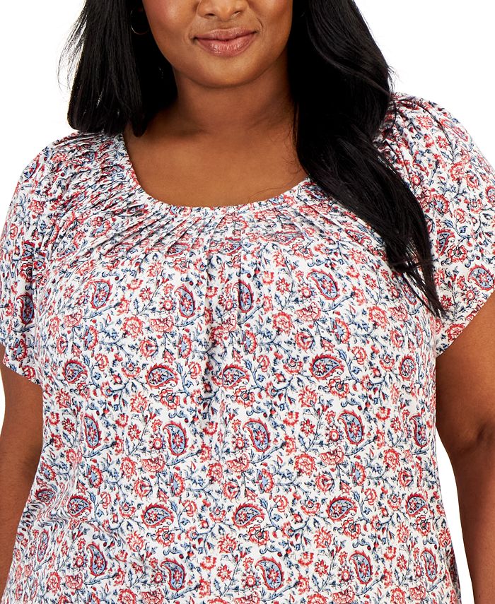 Style And Co Plus Size Printed Pleat Neck Top Created For Macys Macys