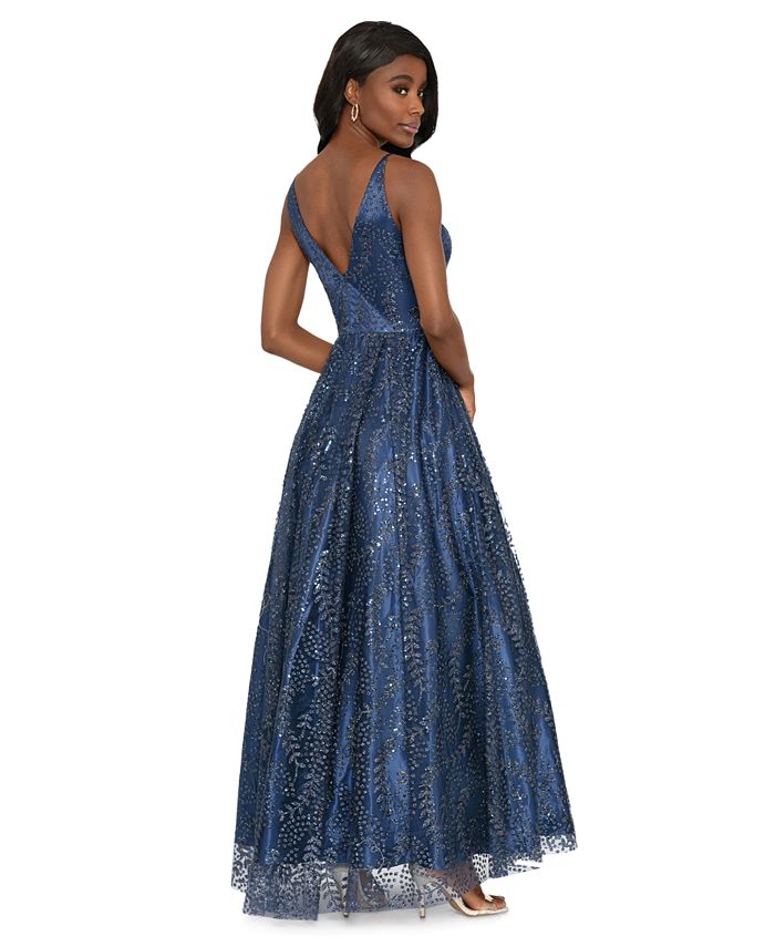 Blondie Nites Juniors' Glitter-Mesh V-Neck Ball Gown - Macy's