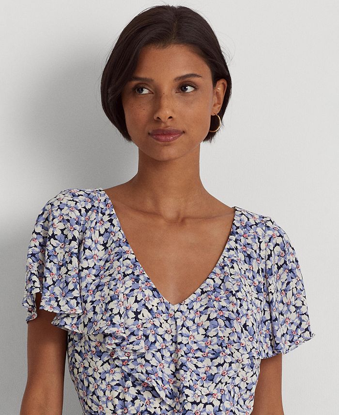 Lauren Ralph Lauren Women's Ruffle-Trimmed V-Neck A-Line Dress - Macy's