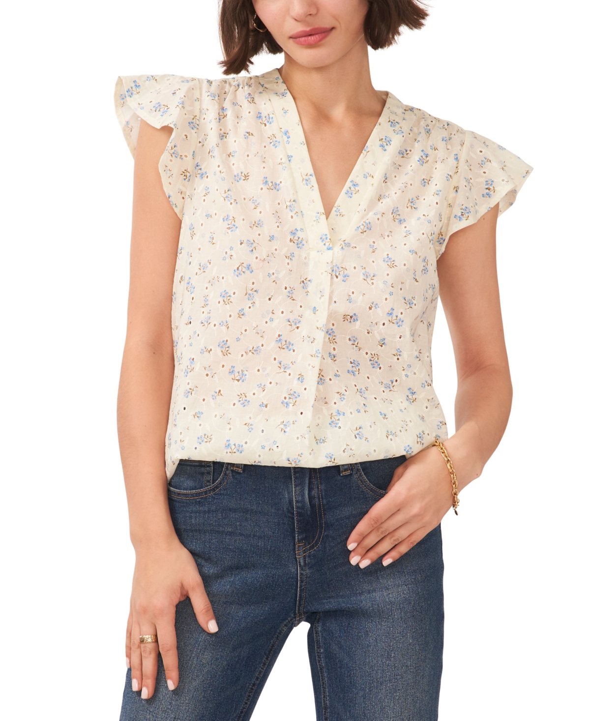 Sam & Jess Women's Cotton Eyelet Flutter-sleeve Top In Soft Ecru Floral ...