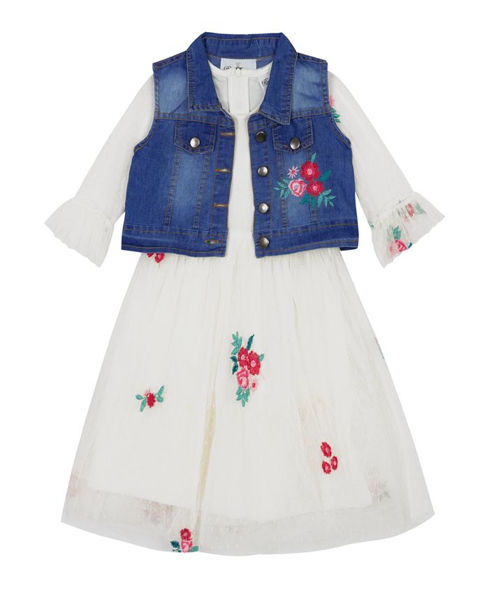 Rare Editions Big Girls Denim Vest To Embroidered Mesh Dress Set - Macy's