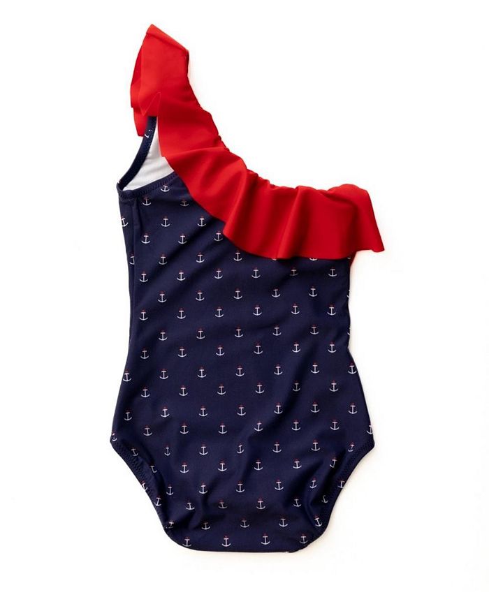 Navalora Child Girls Anchors Aweigh Ruffle One Shoulder Swimsuit - Macy's