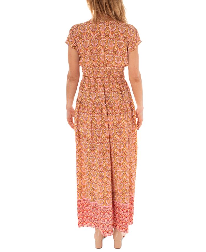Maison Tara Women's Printed Cap-Sleeve Shirred-Waist Crepe Maxi Dress ...