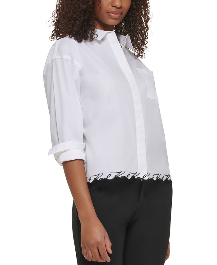 KARL LAGERFELD PARIS Women's Karl Script Trim Poplin Buttoned Top - Macy's
