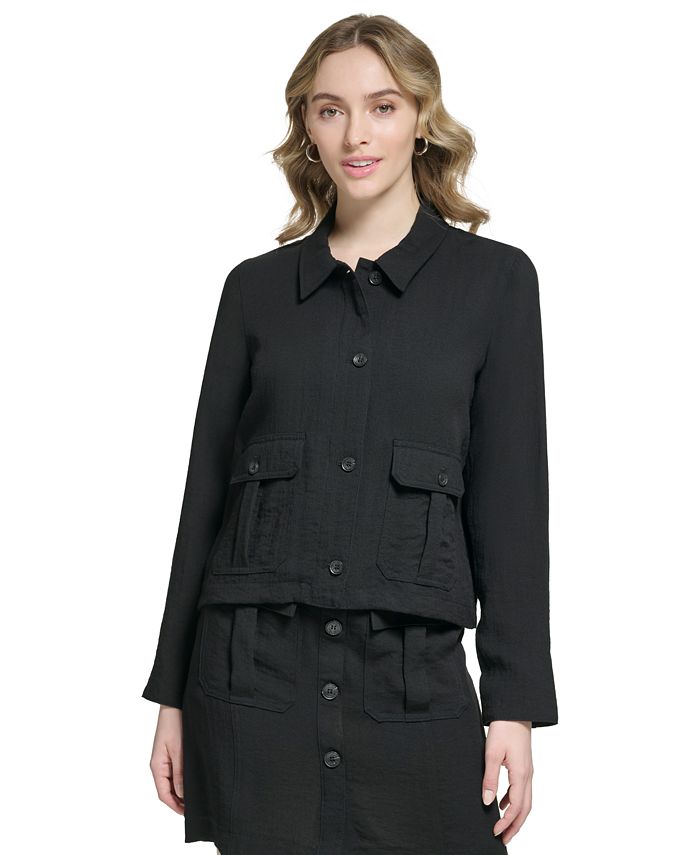 Calvin Klein Cropped Patch Pocket Button Down Top - Macy's
