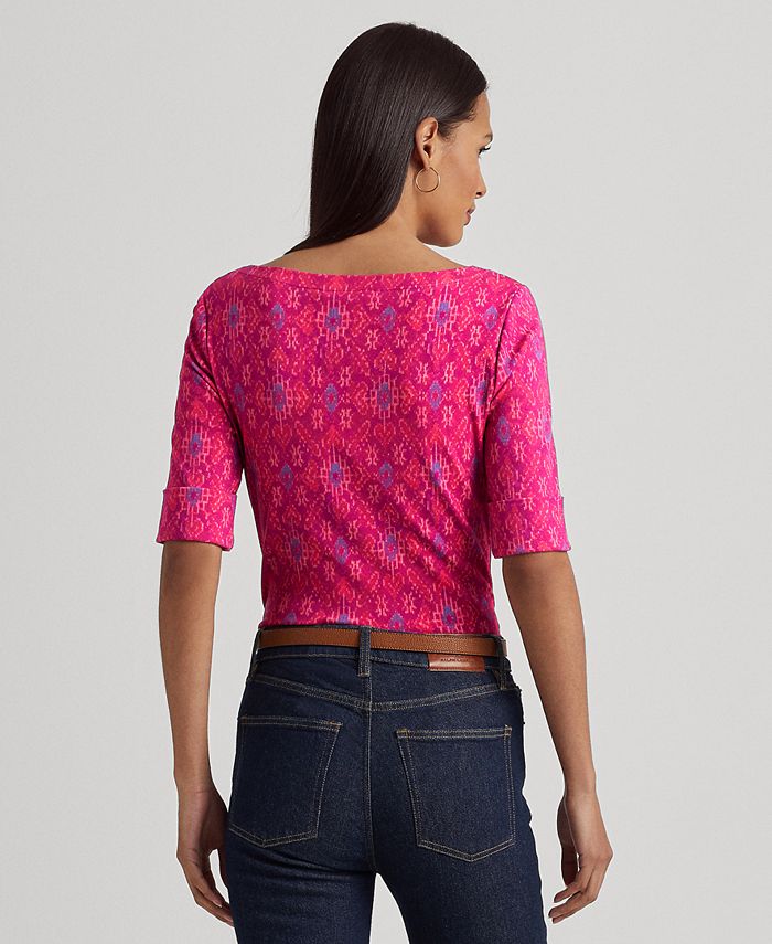 Lauren Ralph Lauren Womens Geo Print Stretch Cotton Boatneck Top Macys
