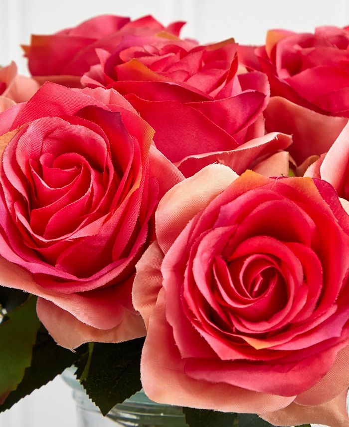 Nearly Natural Rose Arrangement w/Vase - Macy's