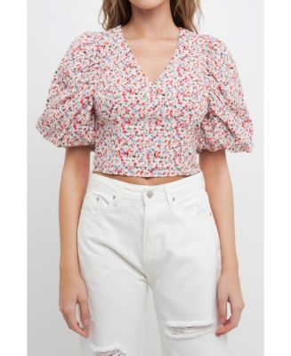 Free the Roses Women's Embroidered Floral Mixed Puff Sleeve Top - Macy's