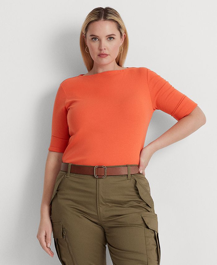 Lauren Ralph Lauren Plus Size Boatneck Elbow-Sleeve Top - Macy's