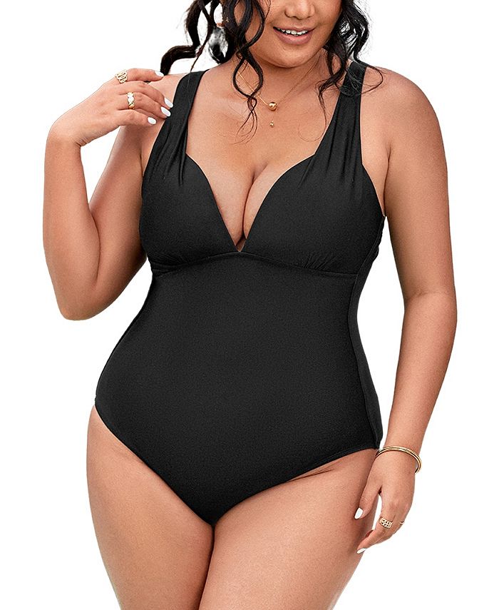 Cupshe Womens Summer Of Love Black Plunge Tummy Control Black Plus
