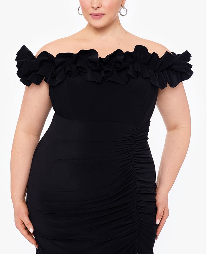 XSCAPE Plus Size Ruffled Off-The-Shoulder Long Sheath Dress - Macy's