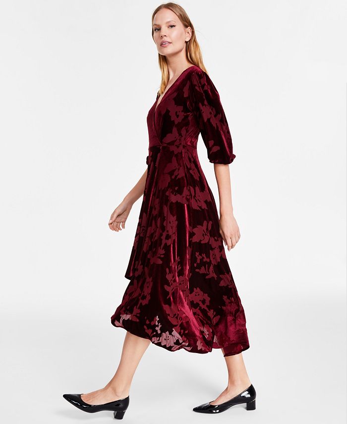 Calvin Klein Petite Velvet Burnout Faux-Wrap Dress - Macy's